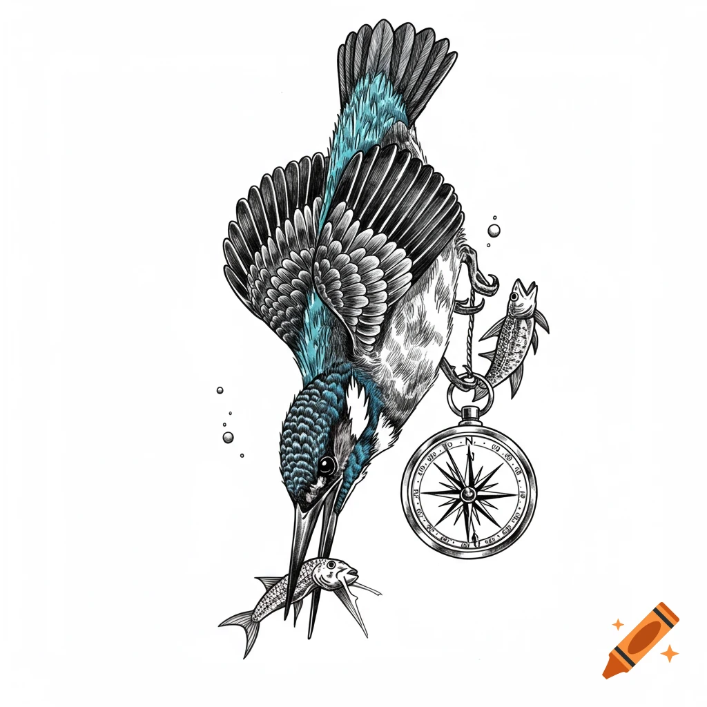 Black and white tattoo design of a kingfisher bird diving with a fish ...