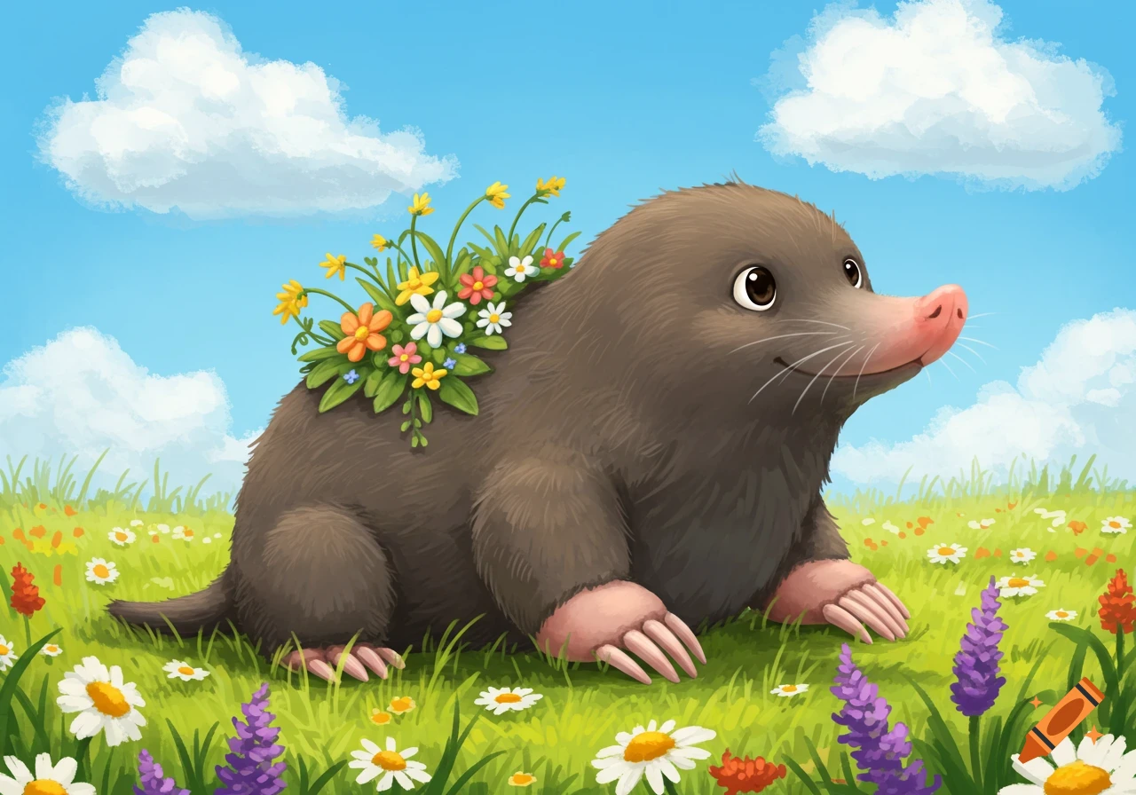 A cute furry creature sits in a meadow under a magical sunset with dragonflies. on Craiyon