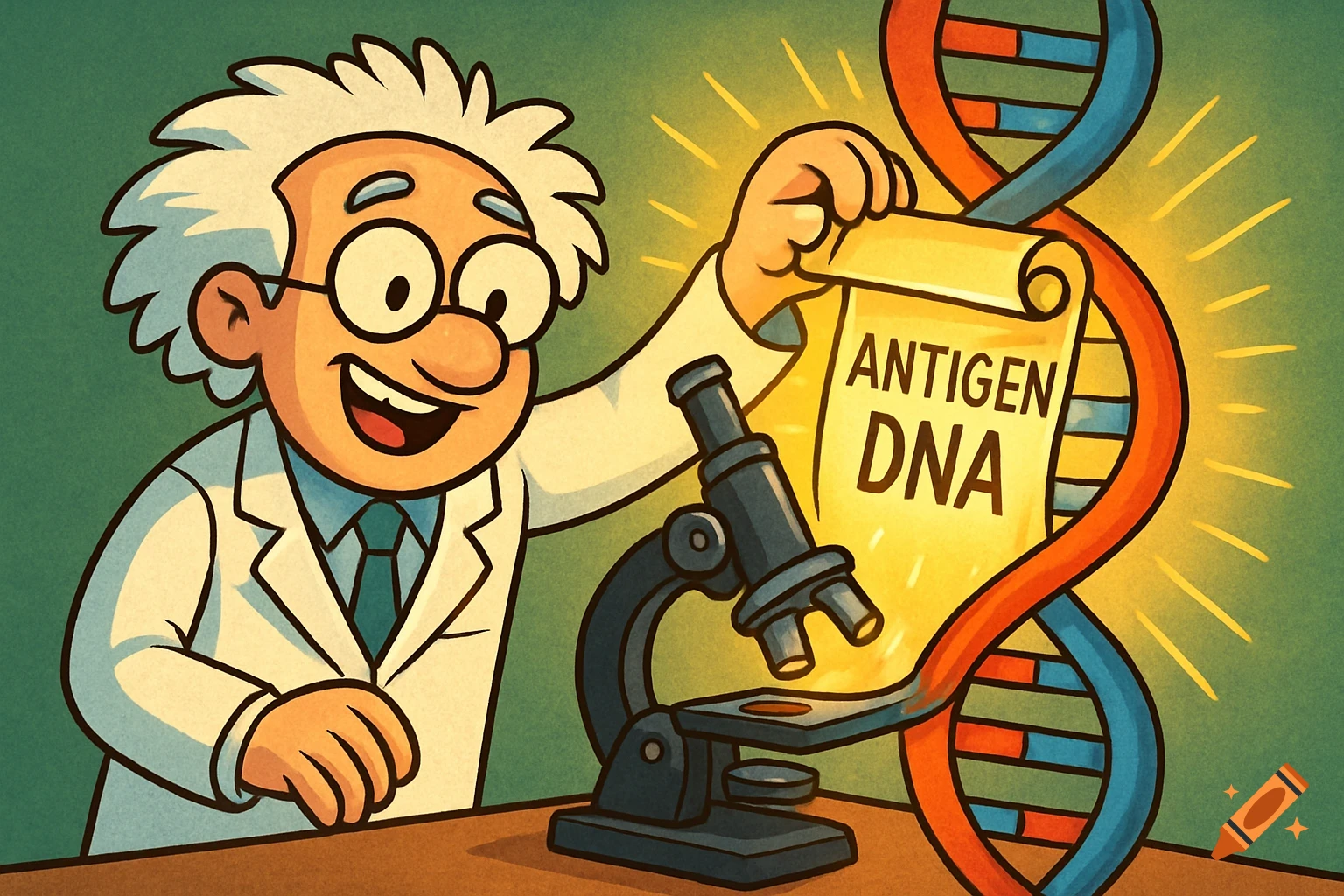 Cartoon scientist pulling out DNA scroll from double helix on Craiyon