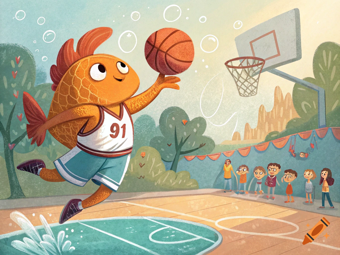 Illustration of an orange cartoon fish in a basketball jersey jumping ...