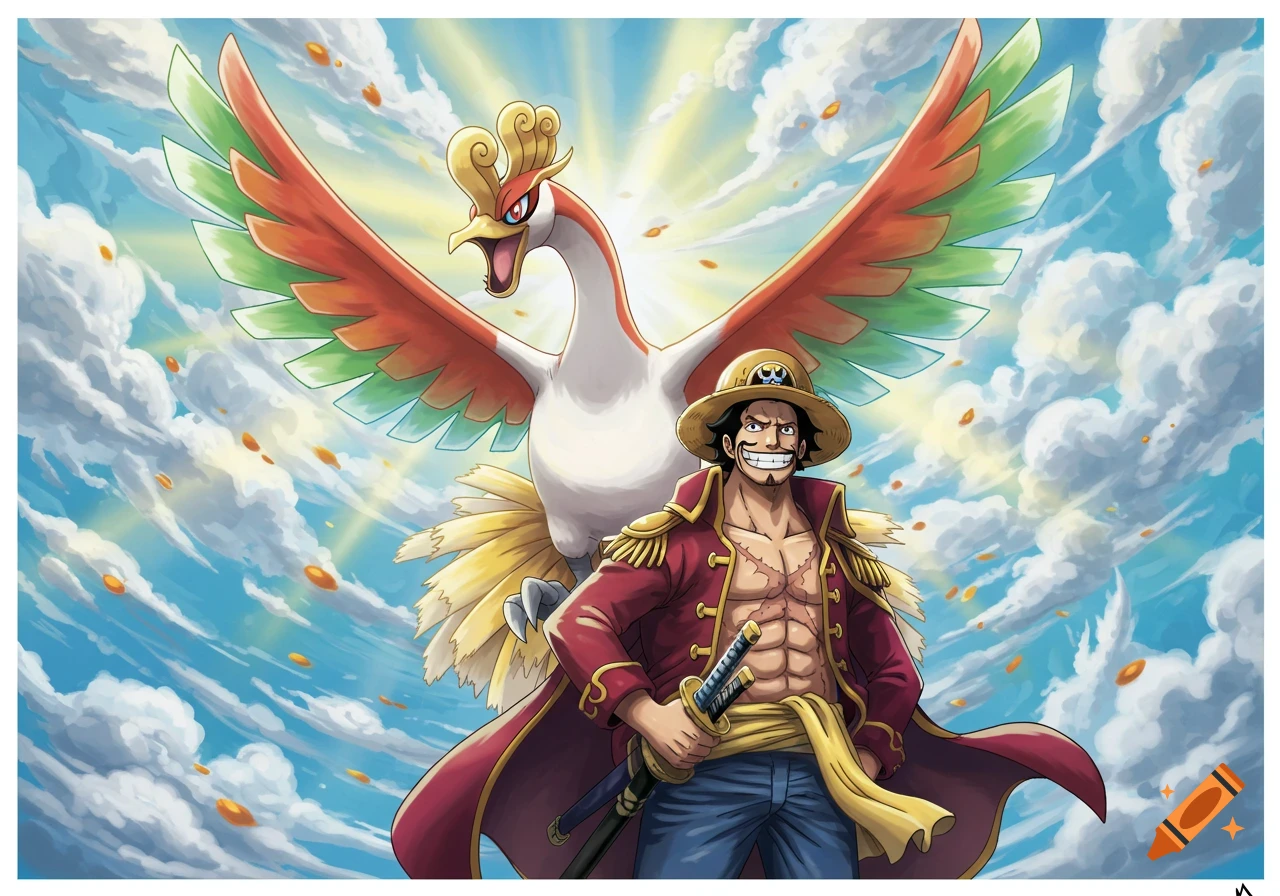 Gol D. Roger from One Piece with Ho-oh Pokemon on Craiyon