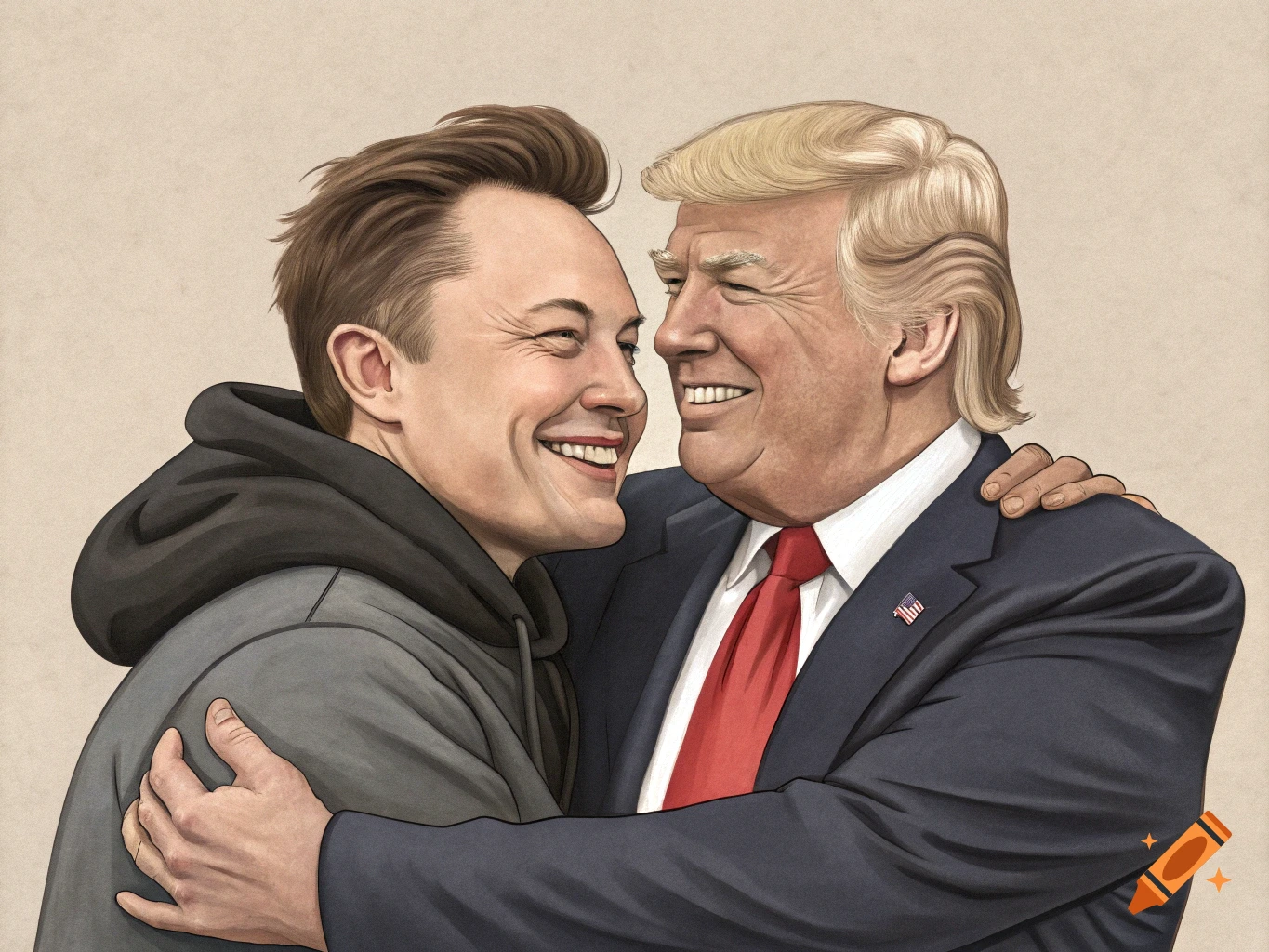 Illustration of Elon Musk and Donald Trump smiling and hugging. on Craiyon