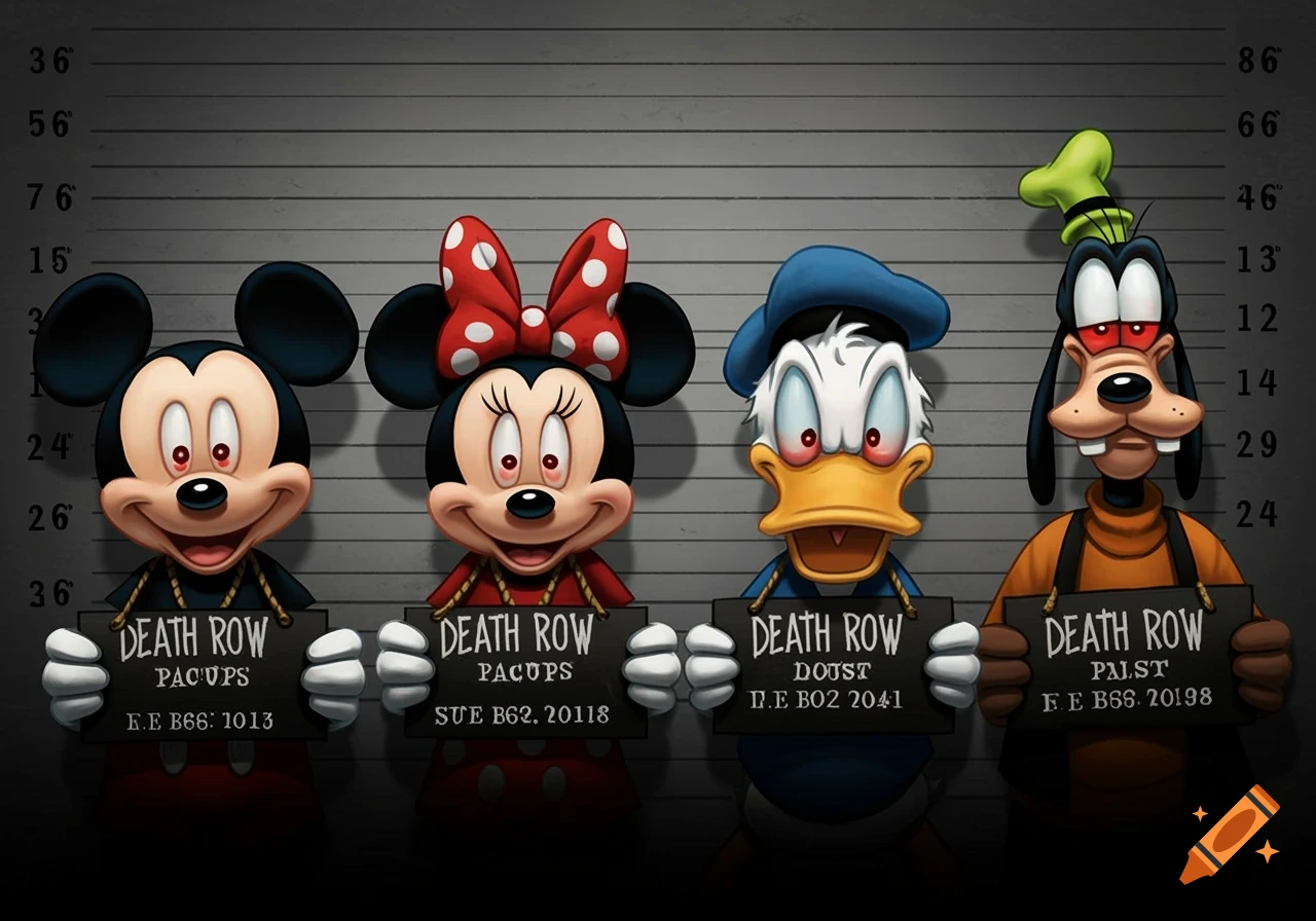 Mickey, Minnie, Donald, and Goofy in a vintage mugshot lineup, holding ...