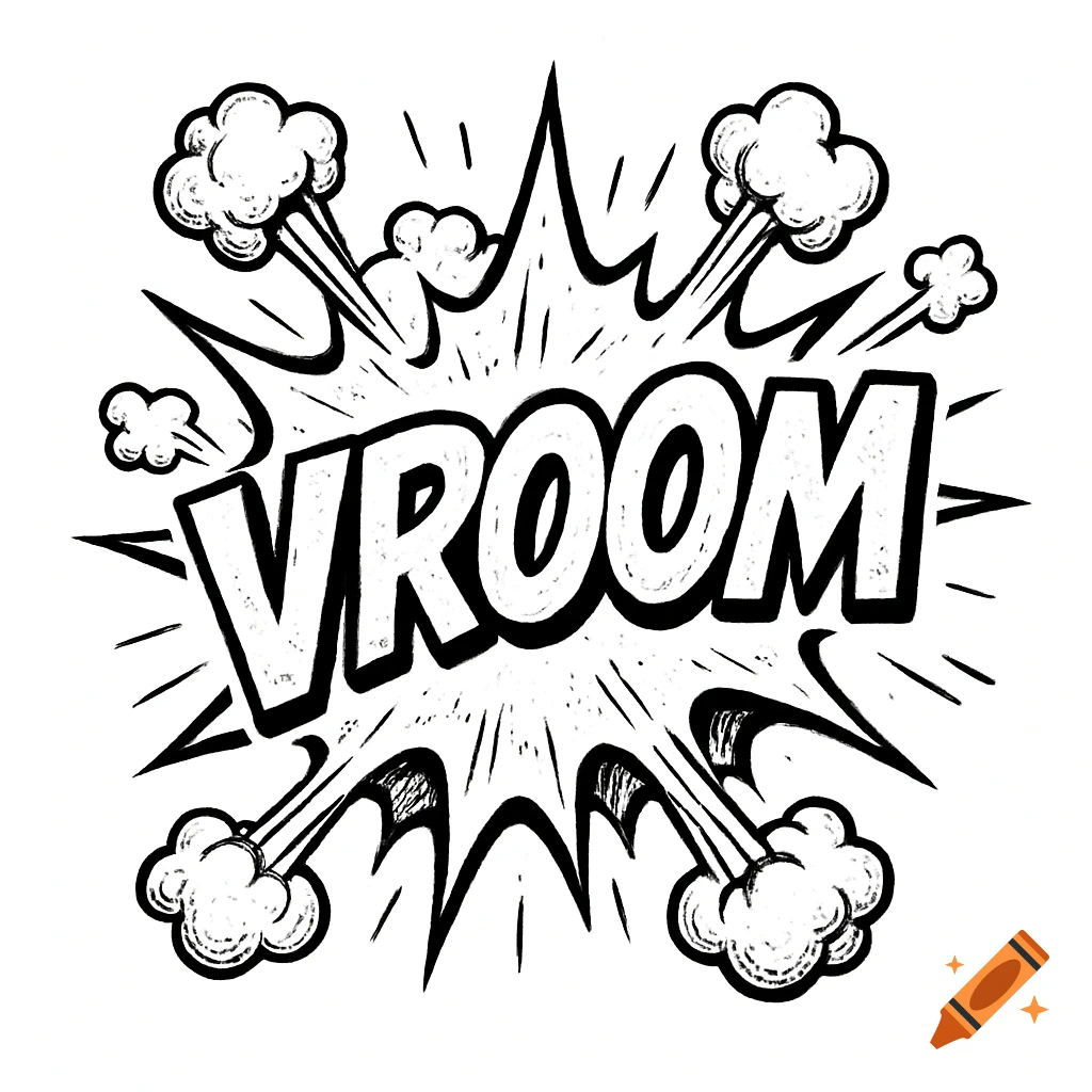 Black and white ink cartoon explosion with VROOM sound effect on Craiyon