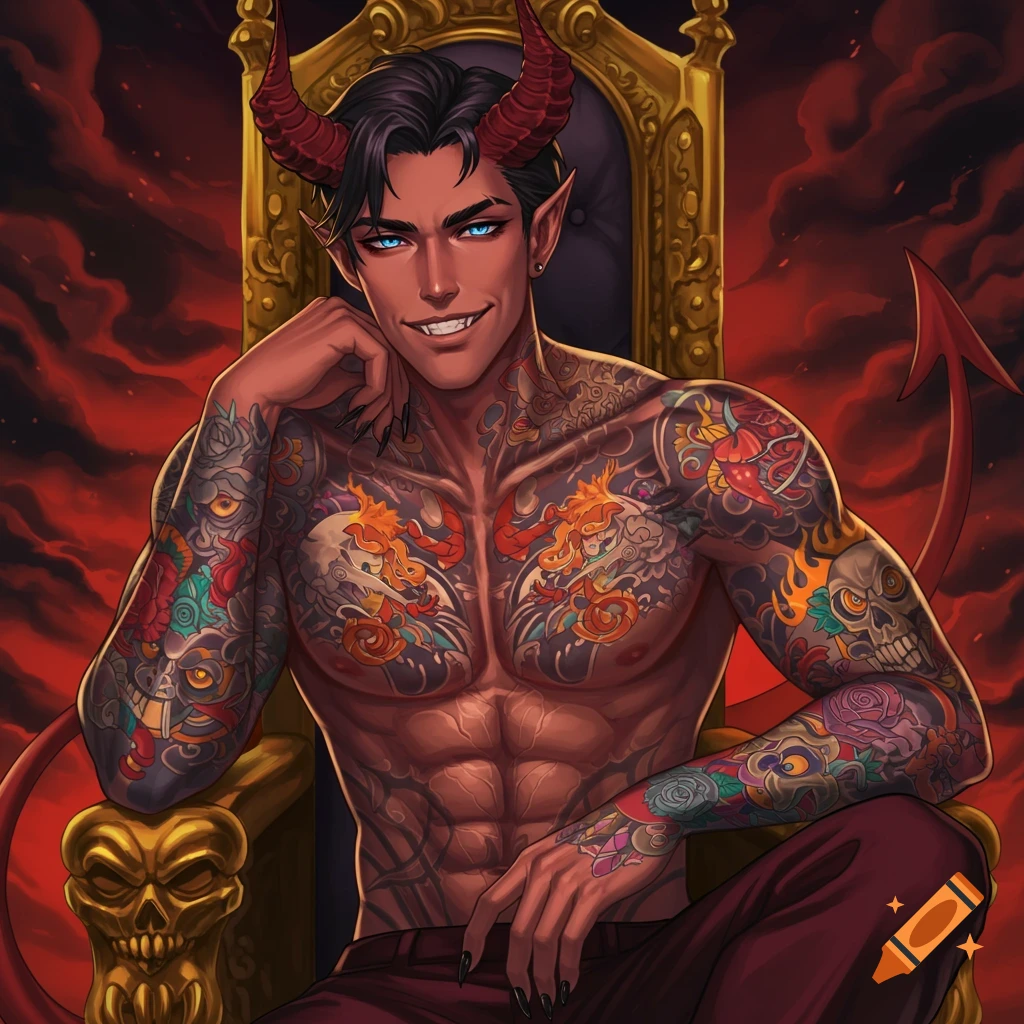 A digital painting of a handsome tattooed devil with red horns sitting on a golden throne. on ...