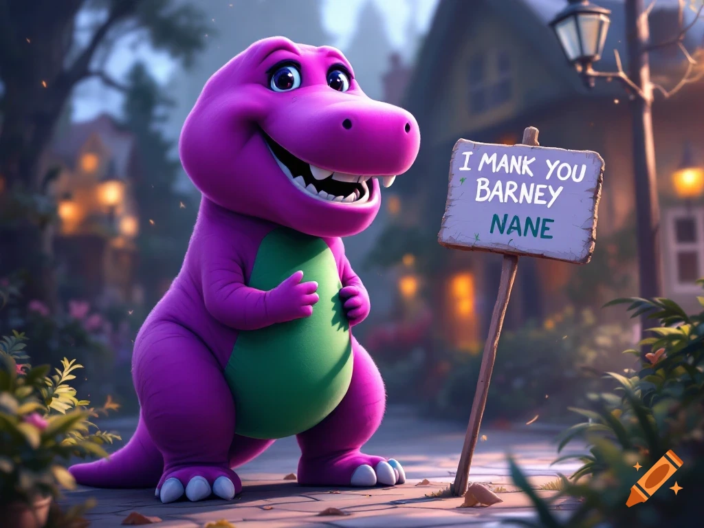 Barney the purple dinosaur with Mark Carney sign on Craiyon