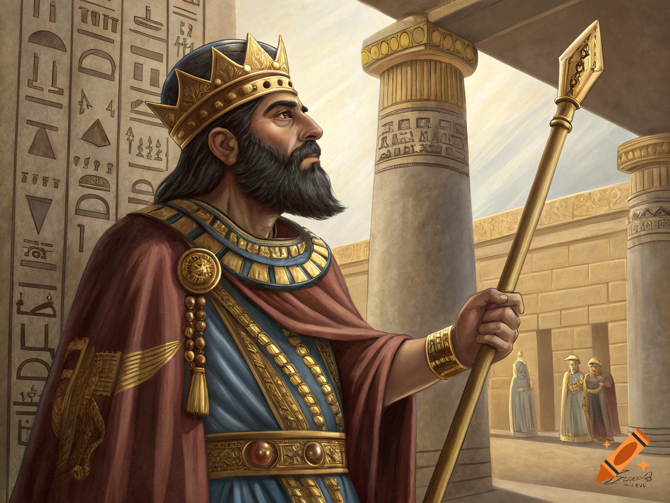 Illustration of ancient king with crown and beard holding a staff in ...