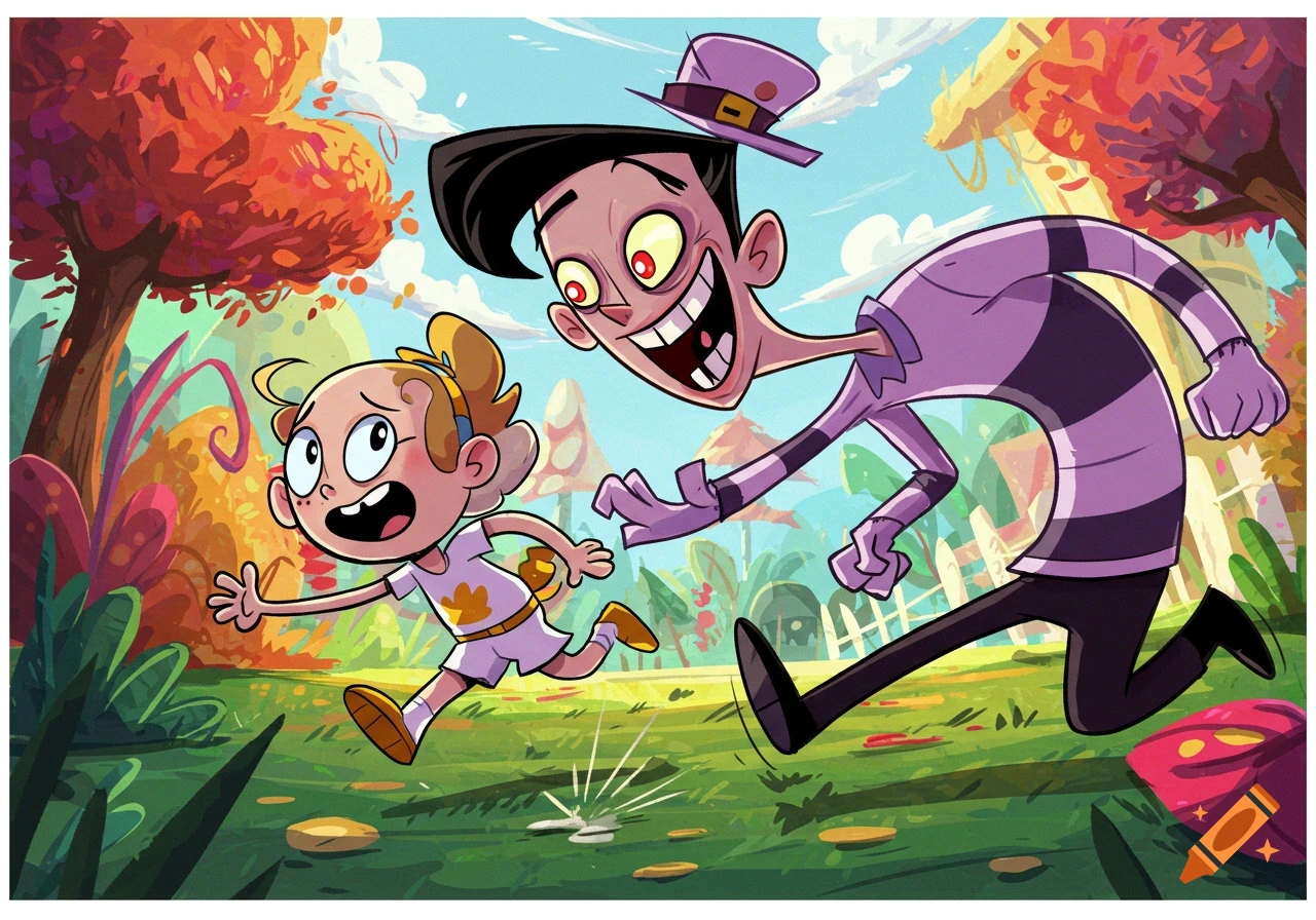 Cartoon characters chase each other in a vibrant, stylized outdoor ...