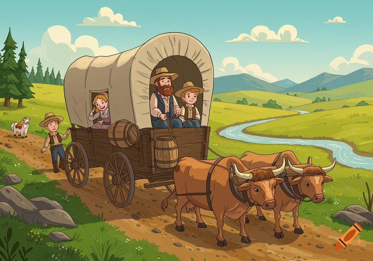 Cartoon of a pioneer man and woman hiking on a path in a hilly ...