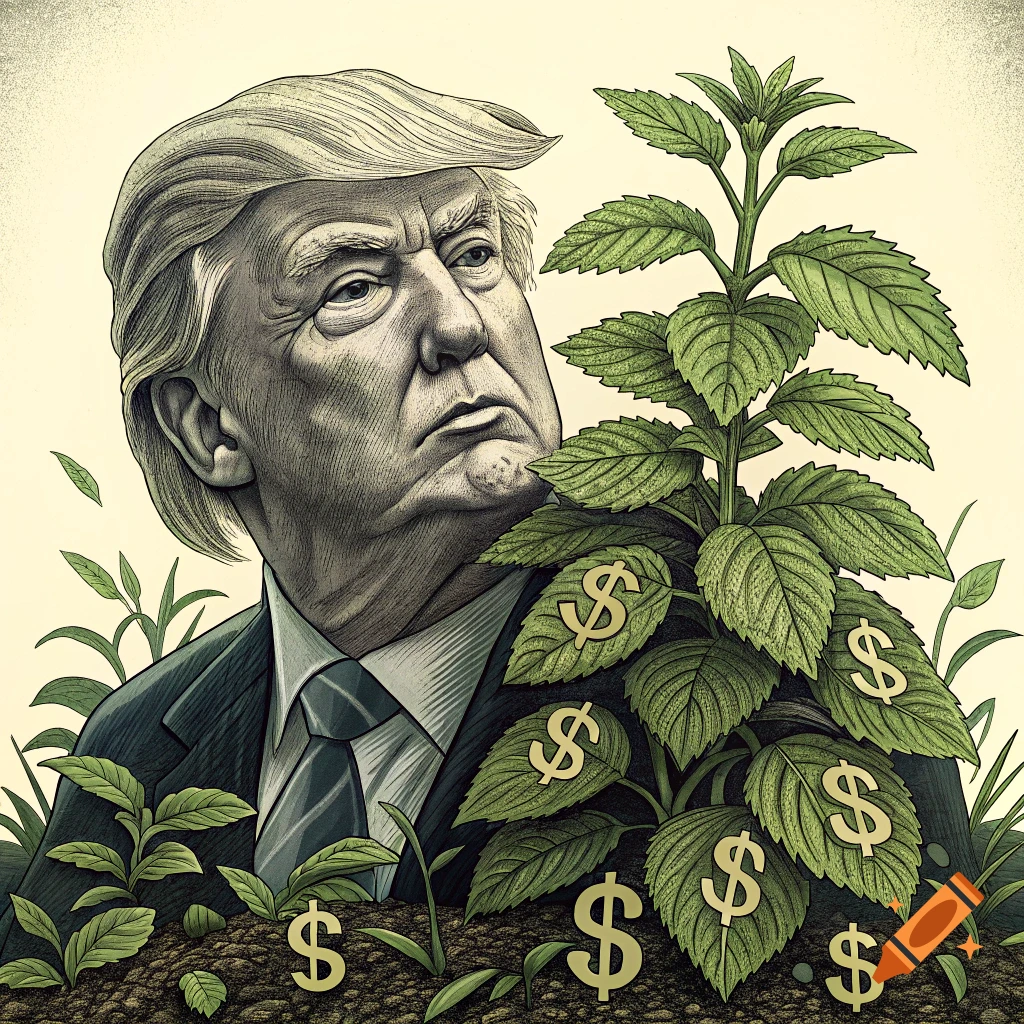 Illustration of Donald Trump's face emerging from soil next to a plant ...