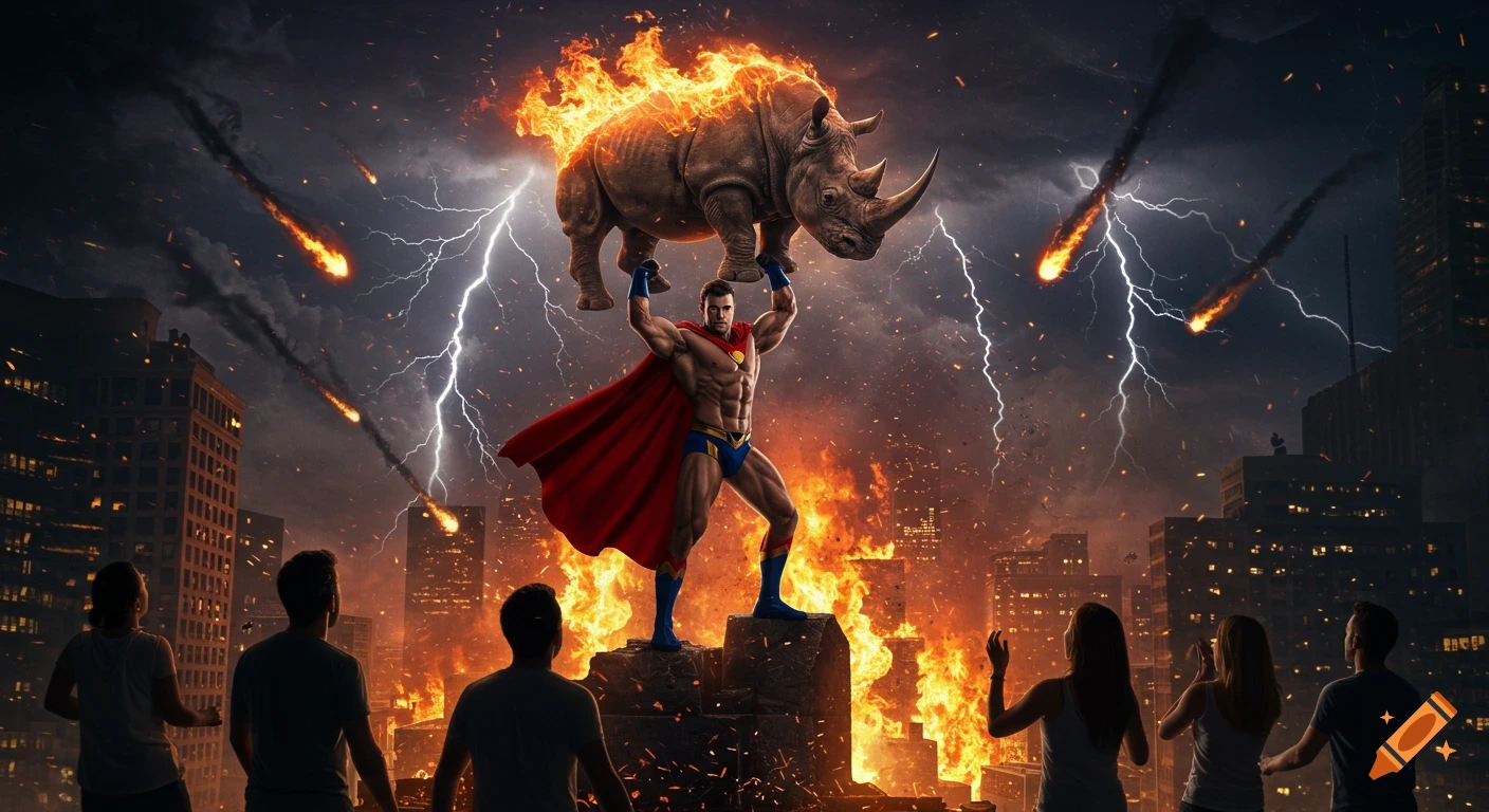 Superhero lifts flaming rhino in burning city under meteor shower and ...