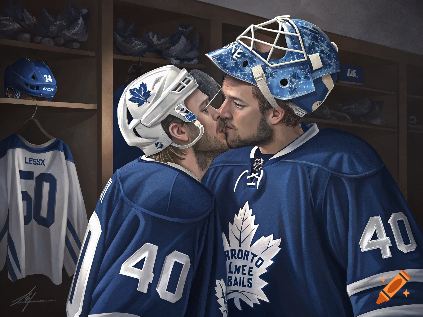 Digital painting of a group of hockey players in jerseys singing in a ...
