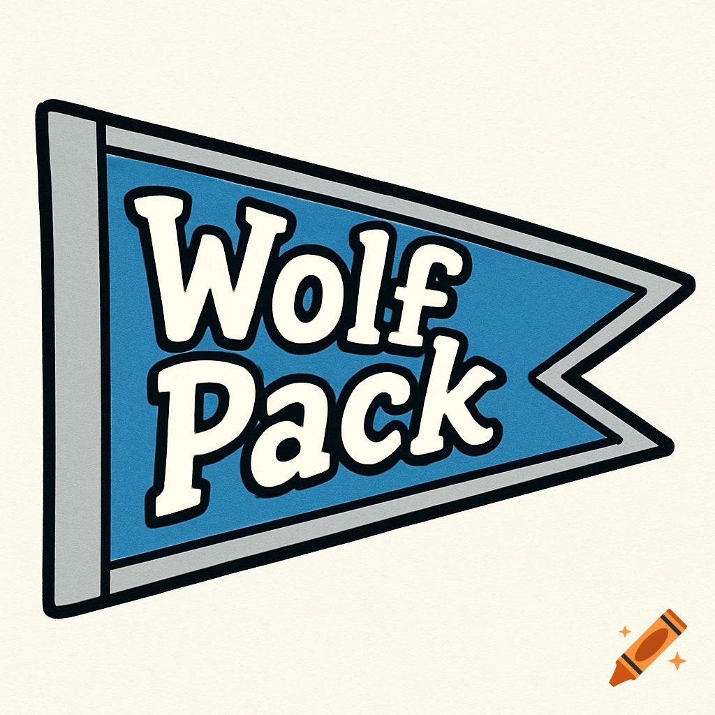 Cartoon blue pennant flag with silver trim reads 'Wolf Pack'. on Craiyon