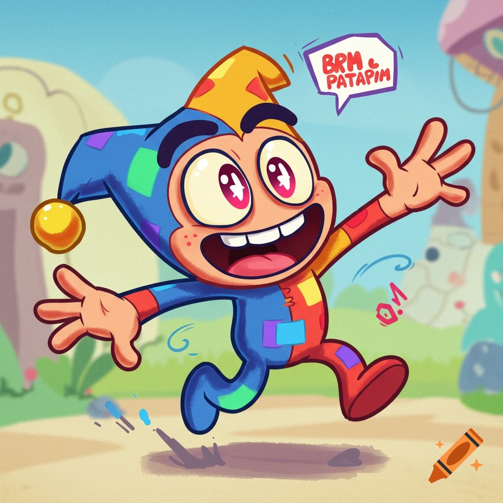 A cheerful cartoon character in a jester hat and colorful outfit stands ...