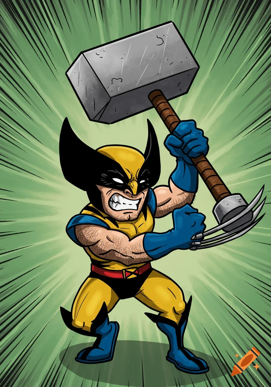 Cartoon Wolverine holding a hammer and claws with speed lines. on Craiyon