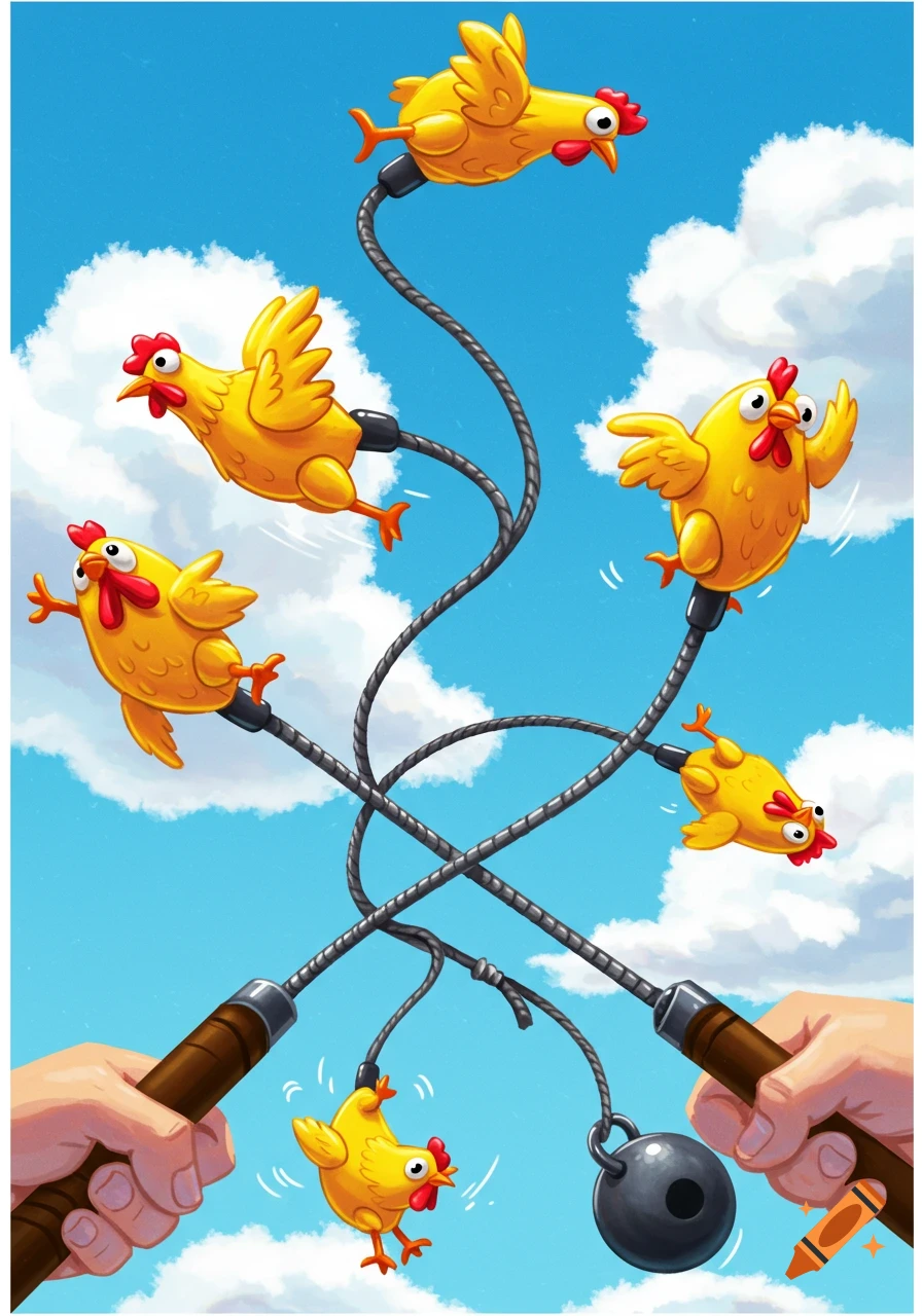 Cartoon chickens attached to cables held like nunchucks, flying in a ...