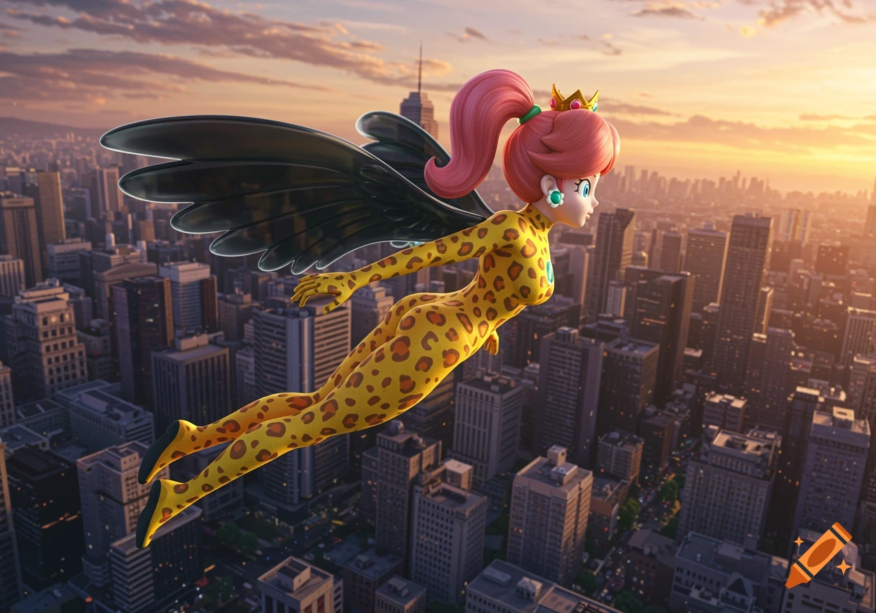 Princess Daisy in cheetah suit flying over city on Craiyon