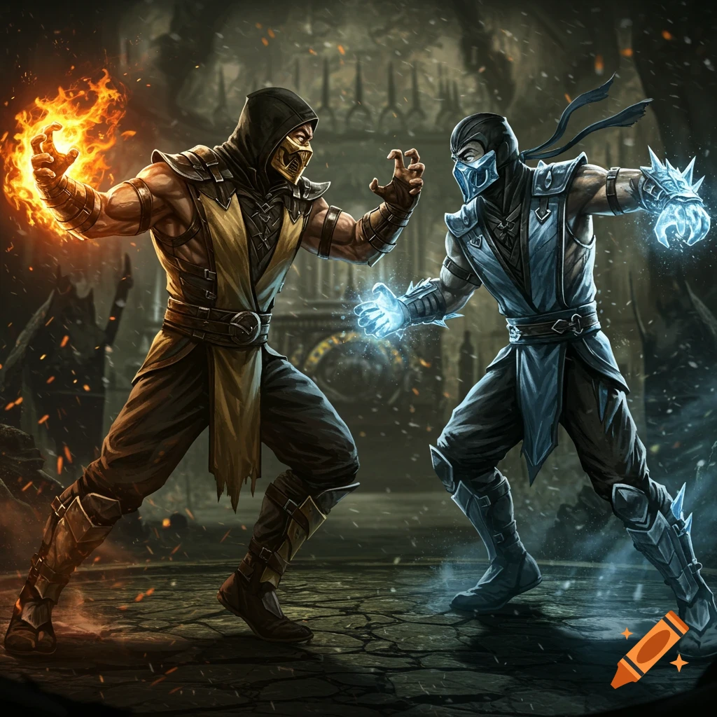 Mortal Kombat characters Scorpion and Sub-Zero fighting with elemental ...