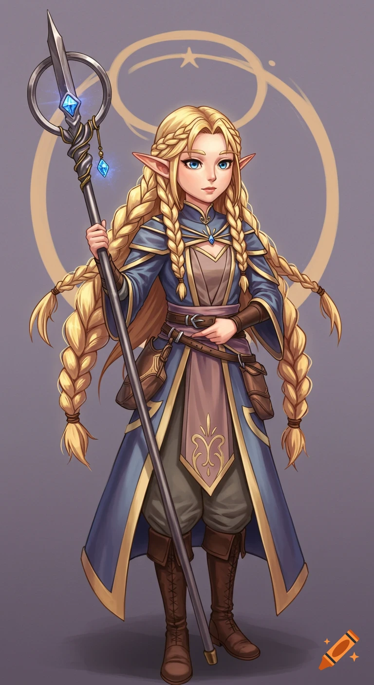 A female elf with long blonde braids holding a staff. on Craiyon