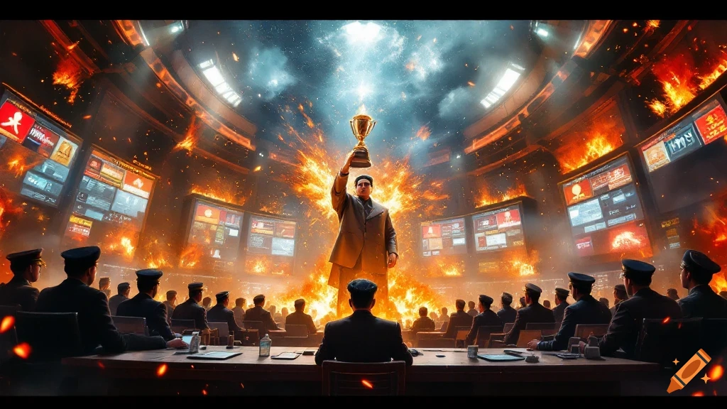 A dramatic image of a leader holding a trophy aloft in a burning ...