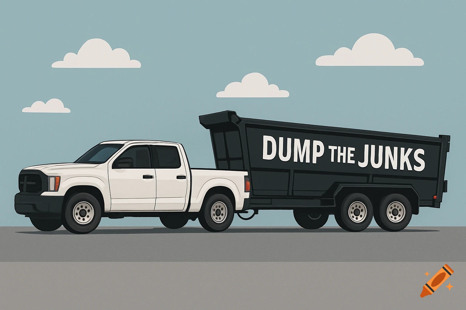 A white pickup truck pulls a black dump trailer with 'DUMP THE JUNKS ...