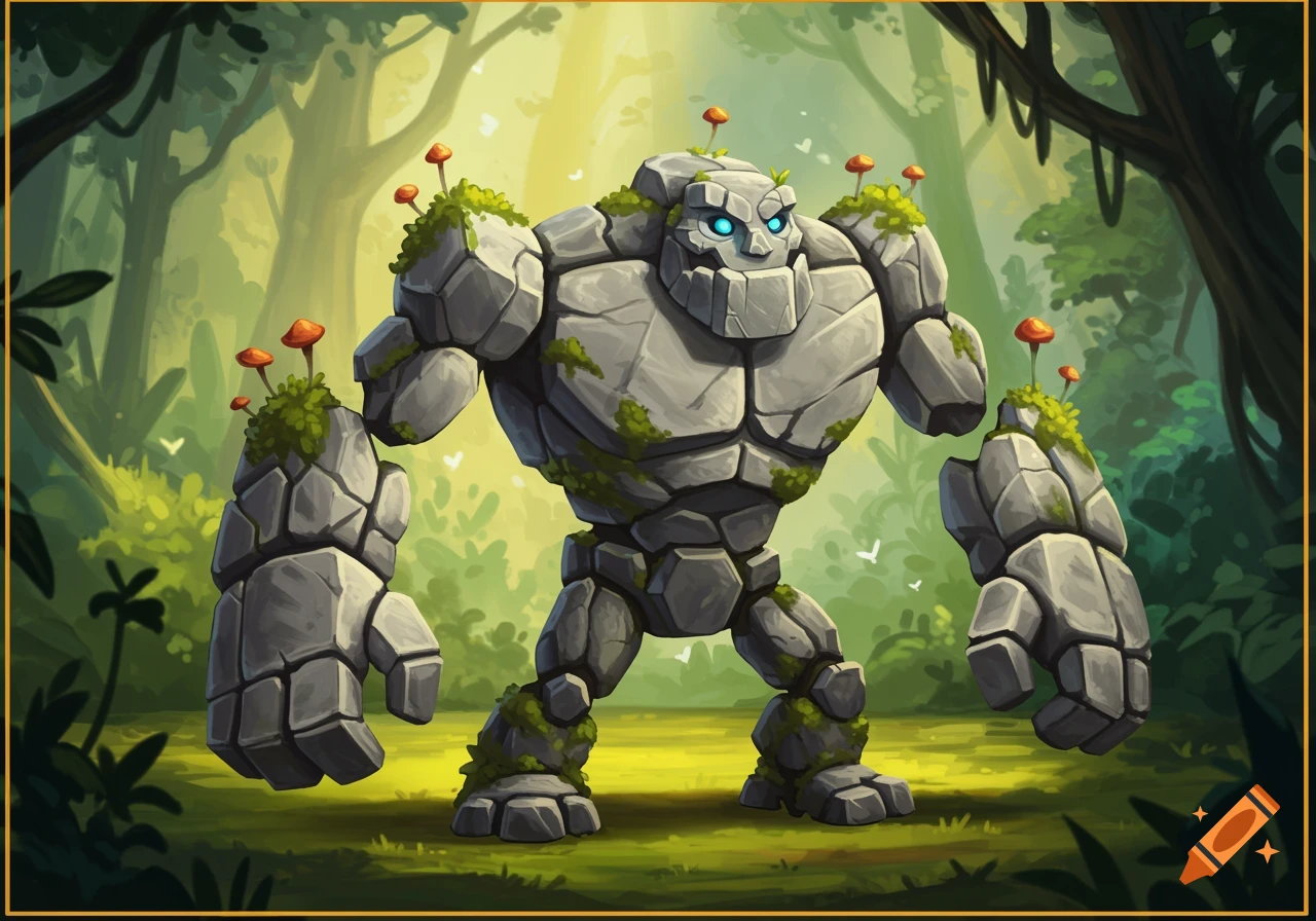 A large stone golem covered in moss stands in a forest. on Craiyon