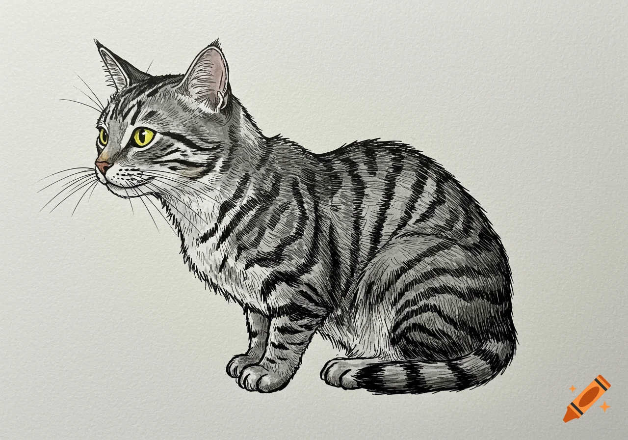 A detailed pen and ink drawing depicts a Russian Blue cat sitting ...