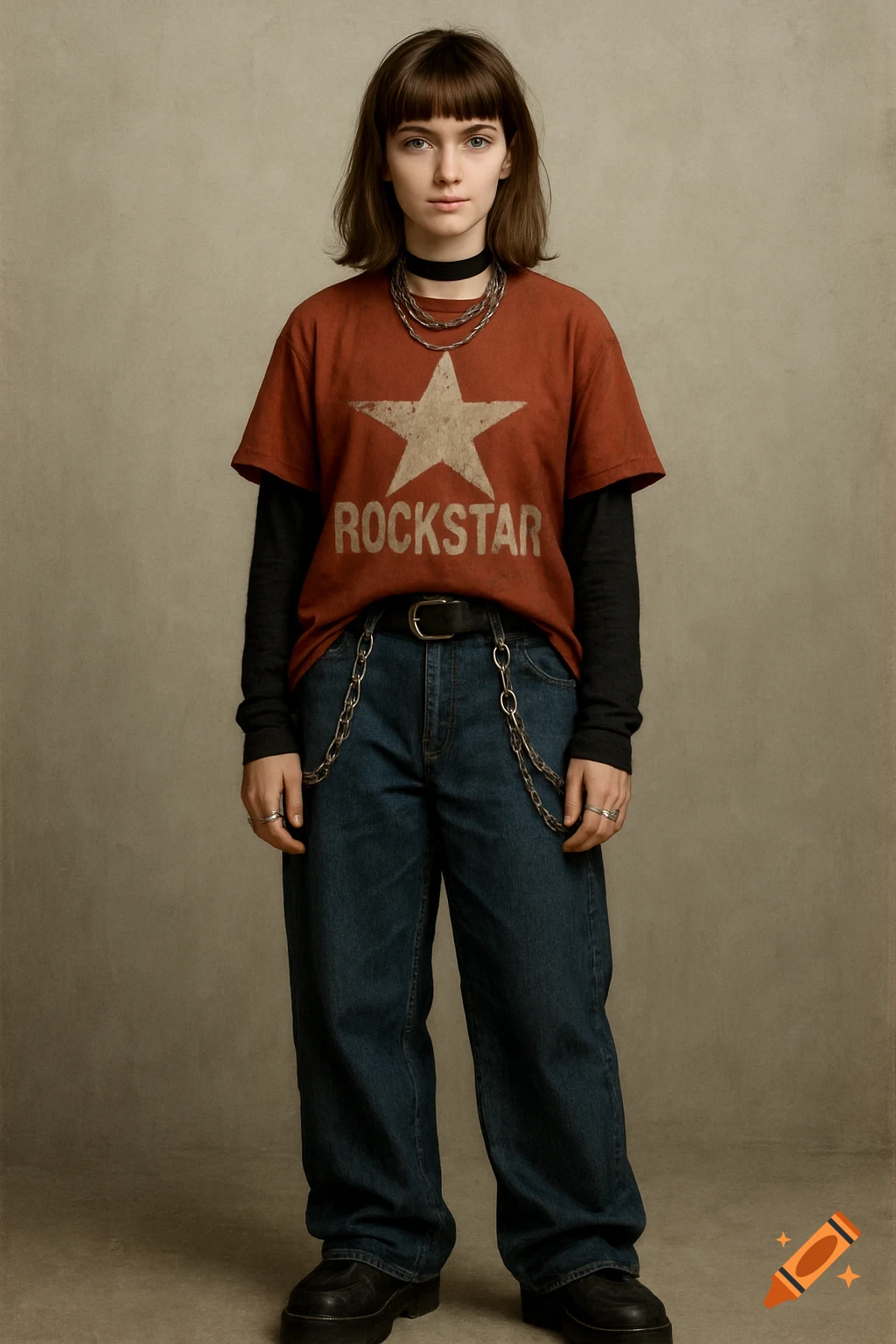 Portrait of a young woman wearing a red 'ROCKSTAR' t-shirt, baggy jeans ...