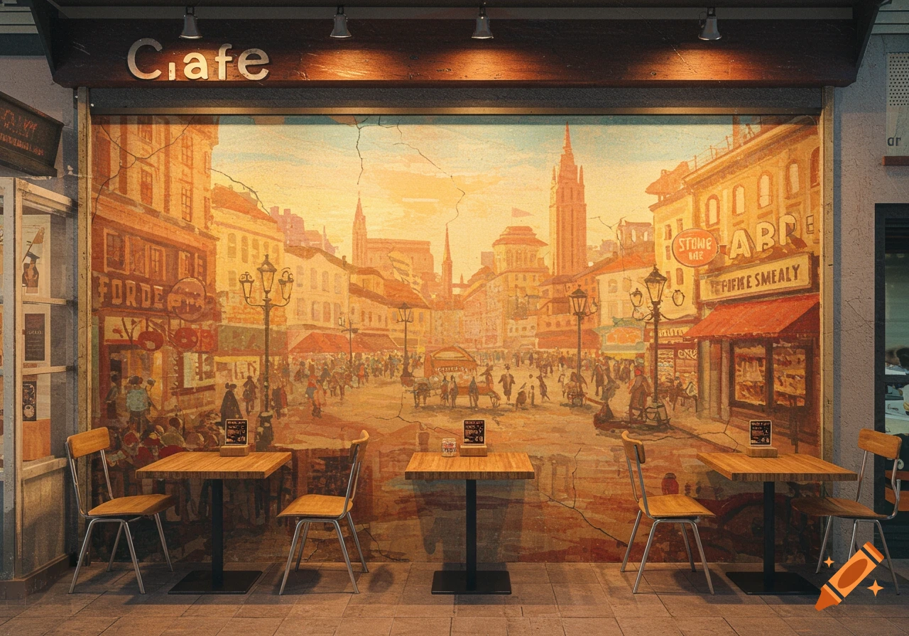 A vibrant street scene populated with cartoon-style shops, bustling ...