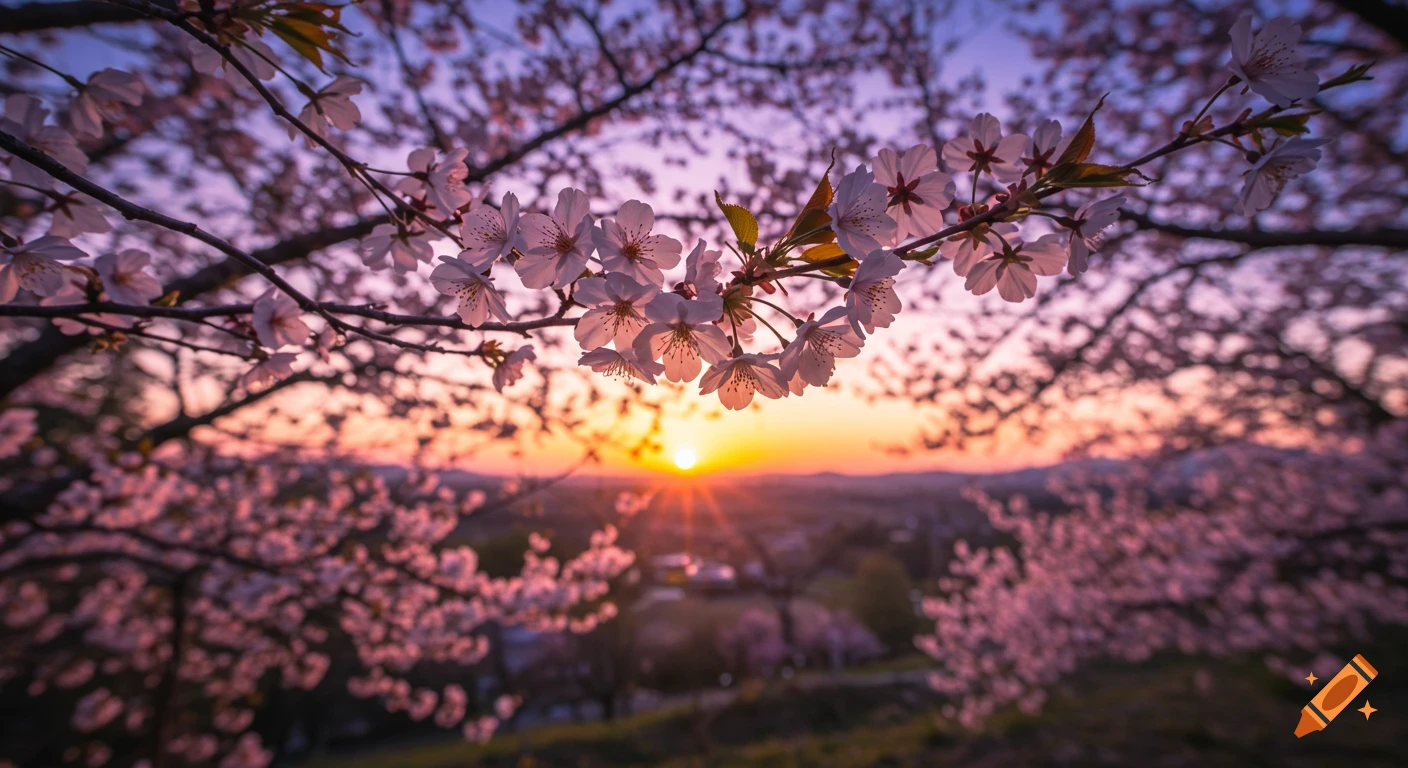 Photorealistic sunset with Japanese cherry blossom trees on Craiyon
