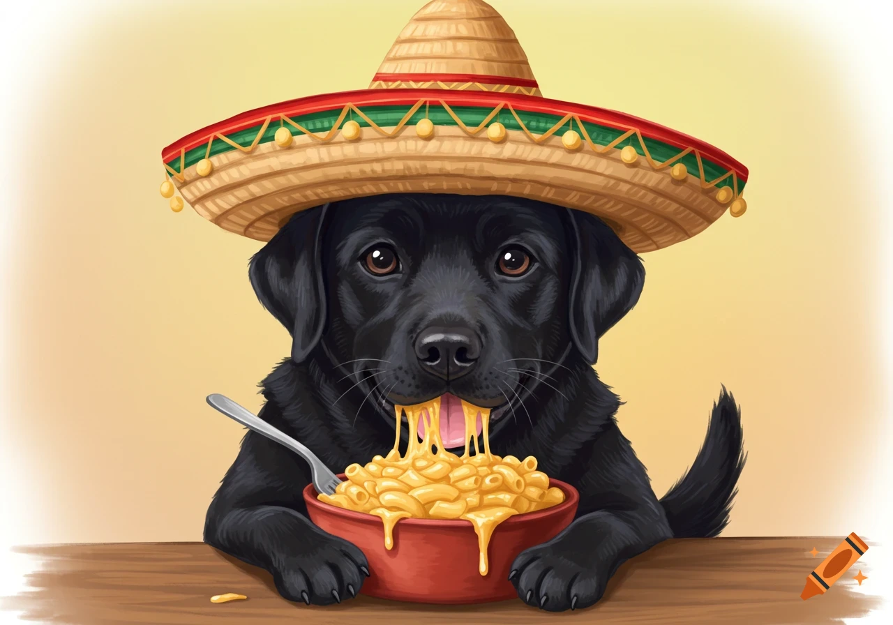 Black lab eating mac and cheese with a sombrero on Craiyon