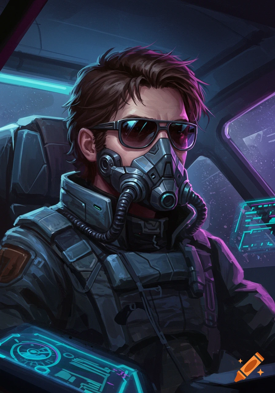 Sci-fi pilot with half-mask respirator and sunglasses on Craiyon