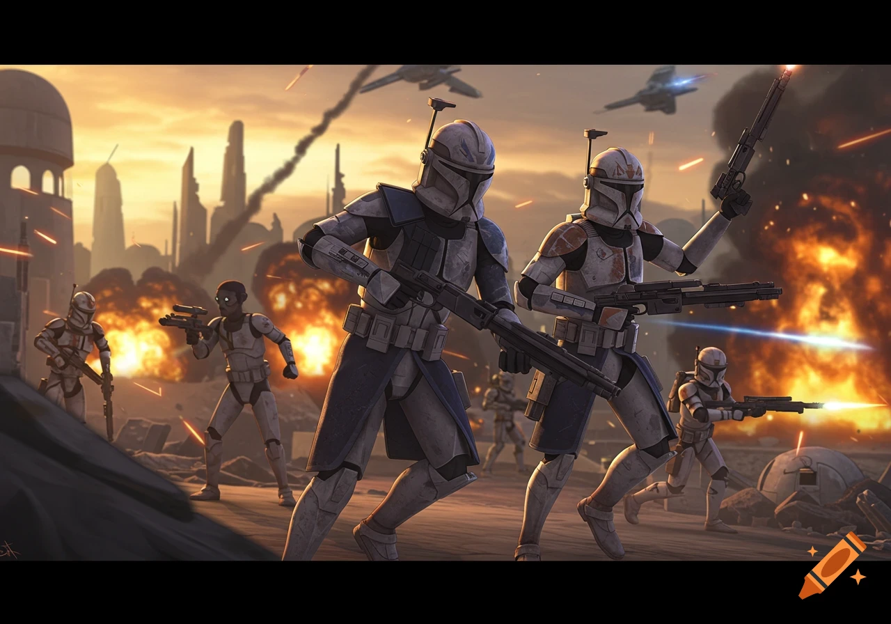 Animated Star Wars scene of Clone Troopers in battle on Craiyon