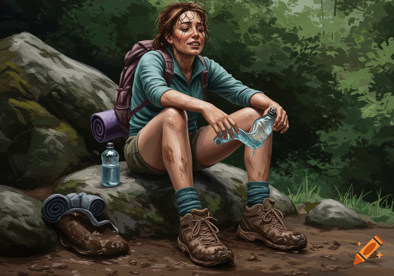 Woman hiker resting on rock in forest on Craiyon