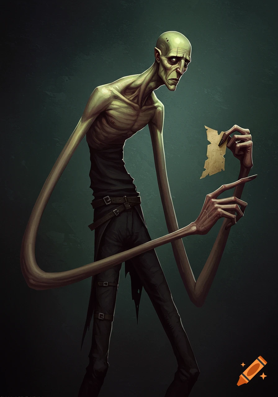 A gaunt, thin figure with long arms holding a piece of paper. on Craiyon