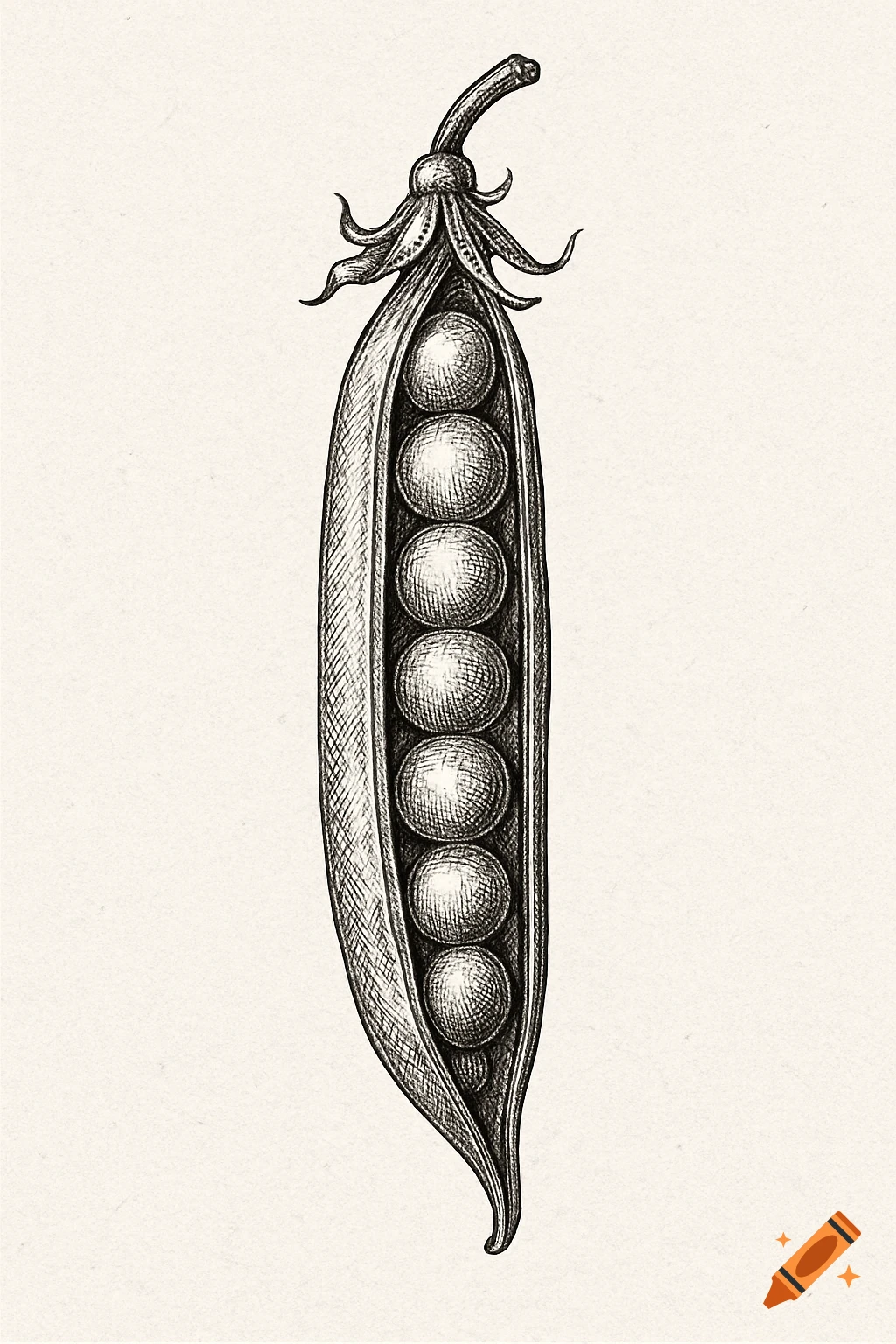 Detailed black and white scientific drawing of a pea pod on Craiyon