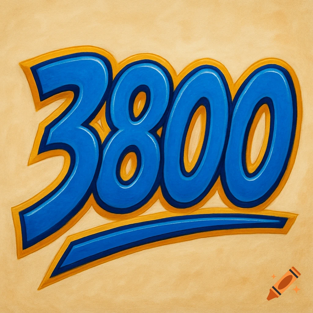 The number 3800 in stylized blue and yellow text with shadow on a light ...