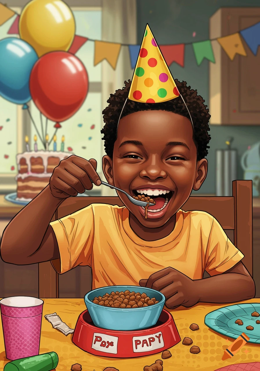 Young boy in party hat eating from a dog bowl at a birthday party ...