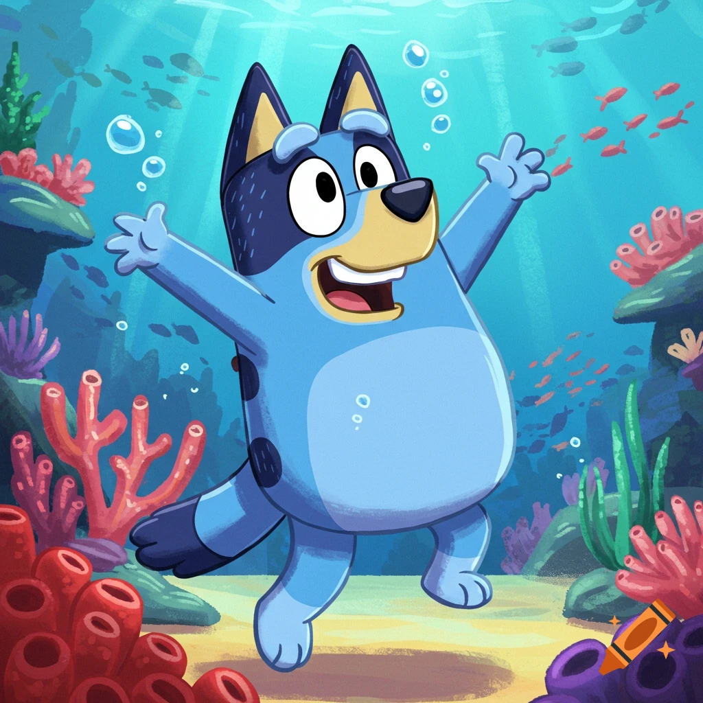 Cartoon blue dog underwater, arms raised, surrounded by coral and fish ...