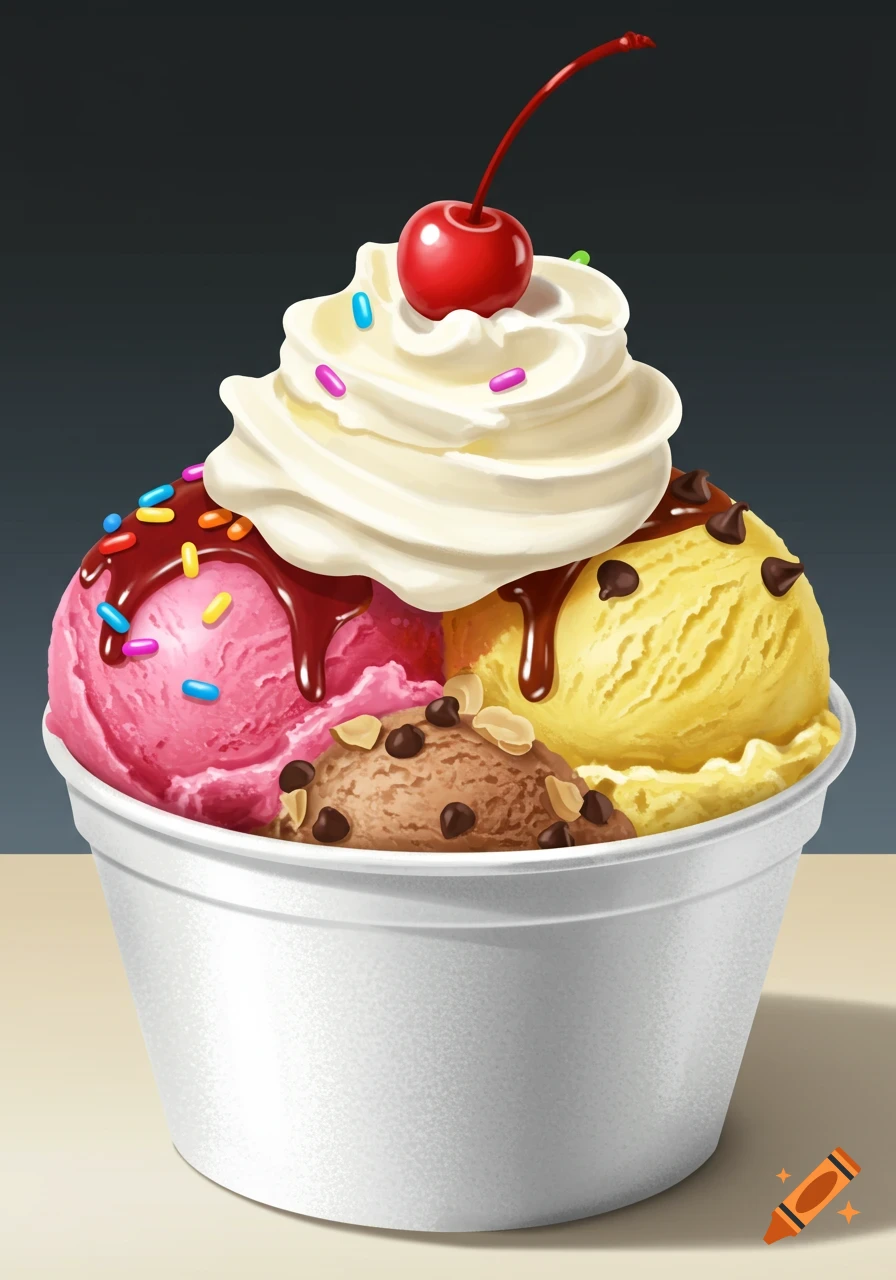 Ice cream sundae with three scoops, whipped cream, cherry, chocolate ...