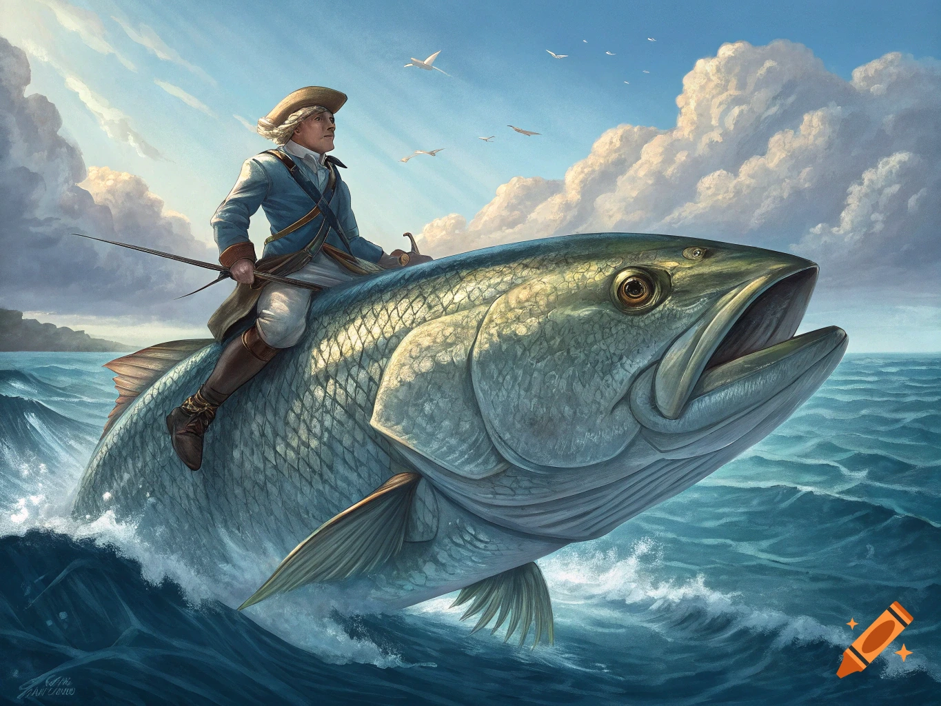 An illustration of a large fish jumping out of blue water towards a ...