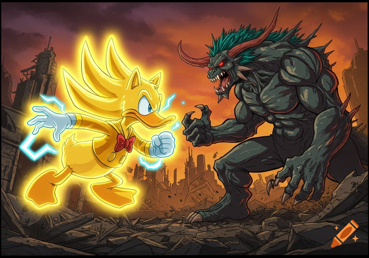 Donald Duck as Super Sonic fighting Giganto on Craiyon
