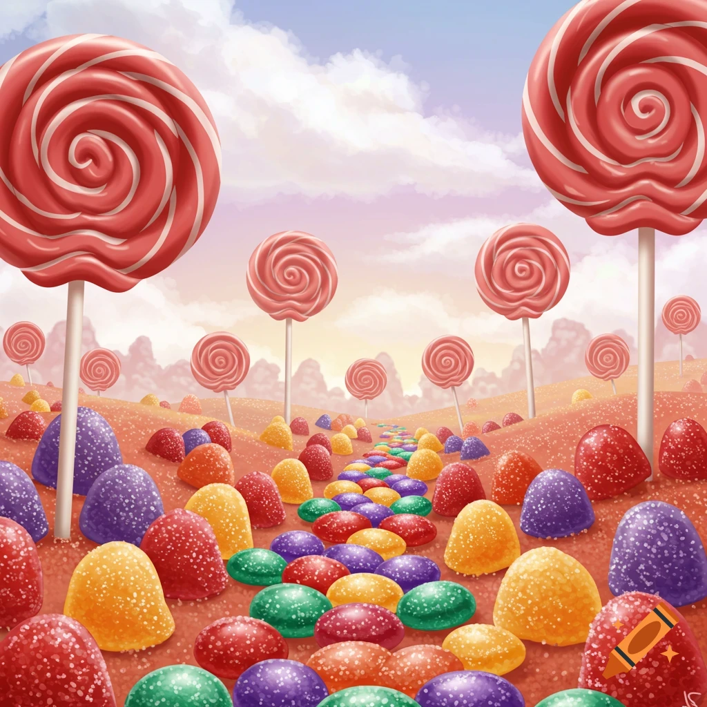 Path made of gumdrops with lollipop trees on Craiyon