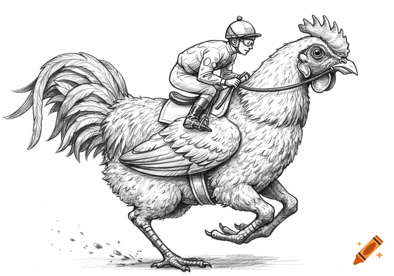 Pencil drawing of a jockey riding a giant chicken. on Craiyon