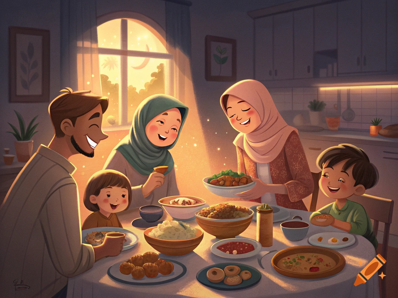 An illustration of a family having dinner around a table with food and ...
