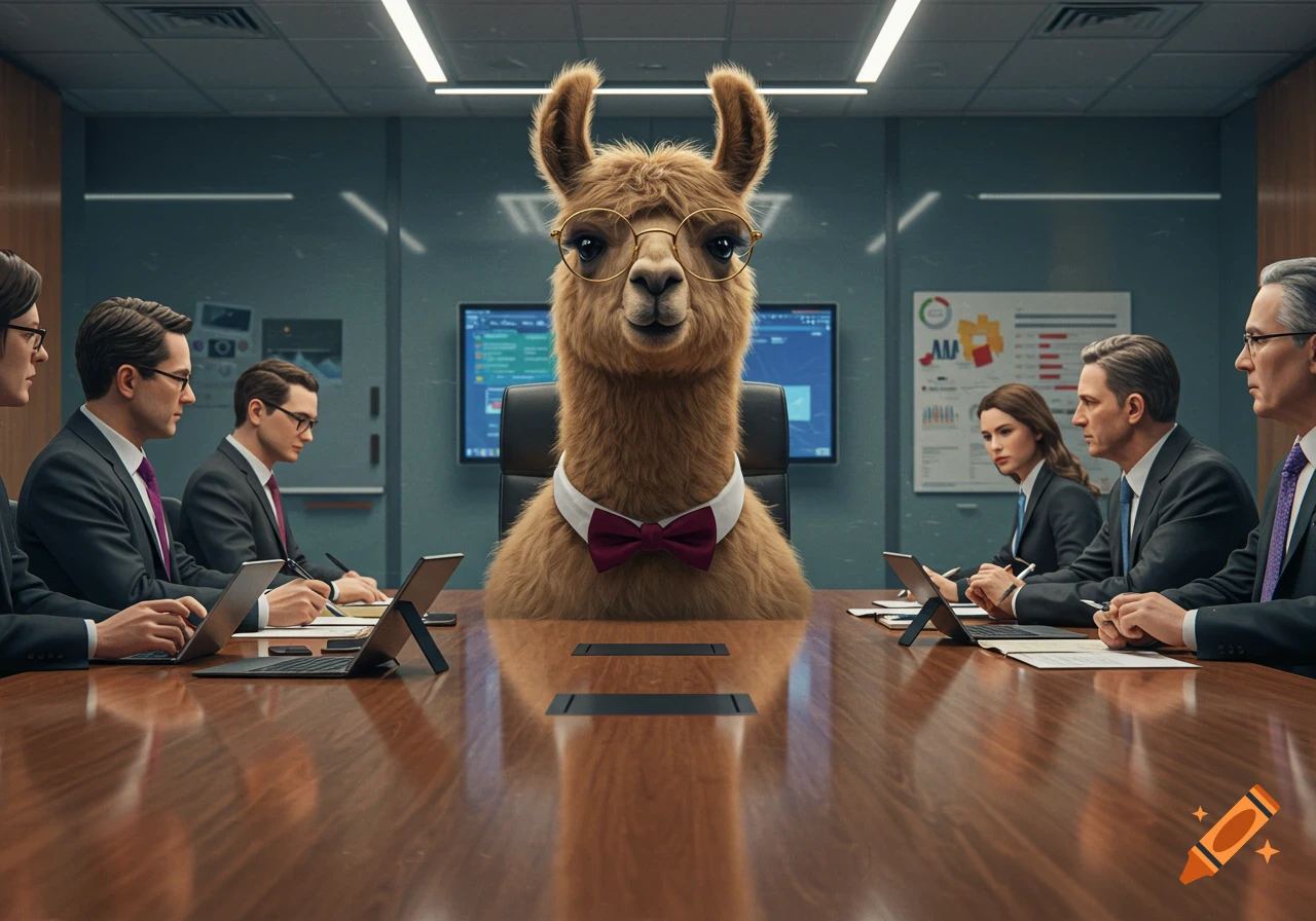 A llama wearing glasses and a bow tie sits at the head of a conference ...