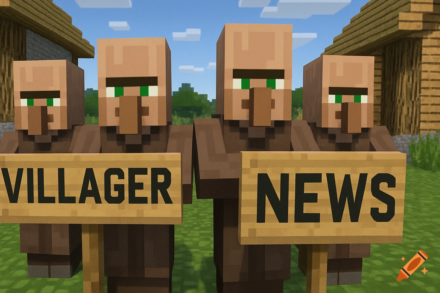 Minecraft Villagers holding wooden signs on Craiyon
