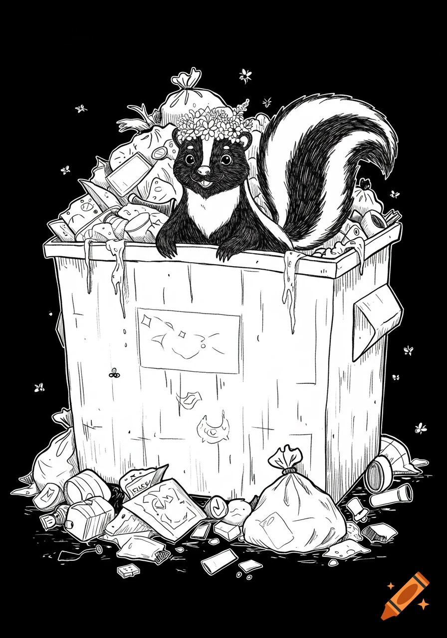 Magical skunk in a dumpster line drawing on Craiyon