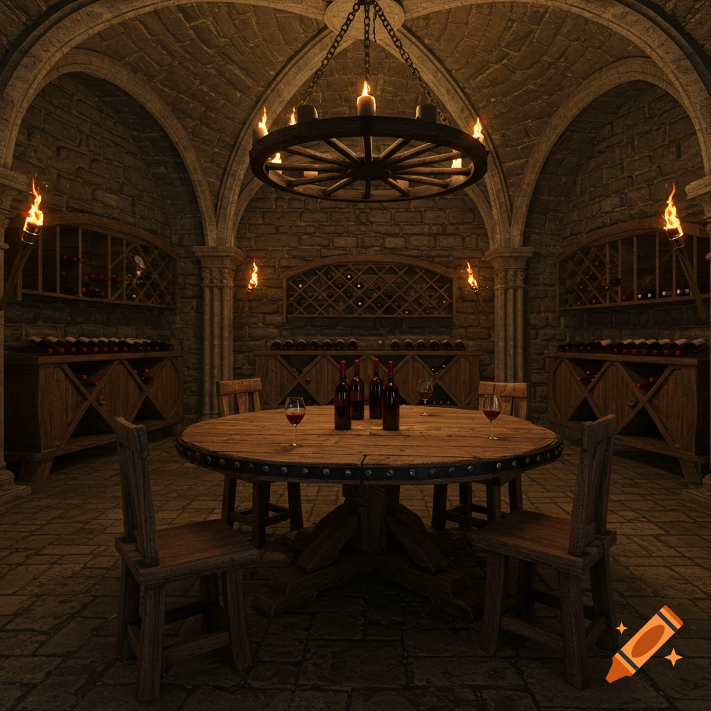 Medieval stone wine cellar with round table, wine bottles, racks, and ...