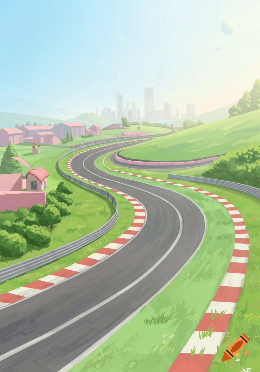 A winding race track through a green landscape with houses and city ...